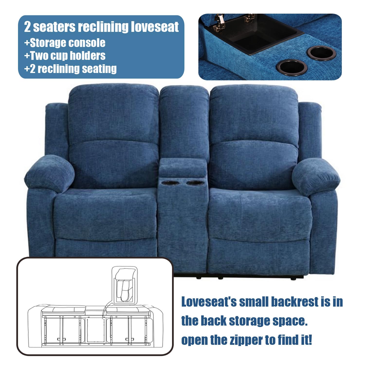 SIENWIEY Blue Linen Fabric Reclining Sofa for Living Room Furniture, Double Recliner Loveseat 2 Seats Couch with Storage Console/Two Cup Holders/Linen Fabric