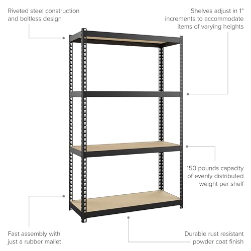 Space Solutions 1000 Riveted Steel Shelving 4-Shelf Unit, 12D x 30W x 48H, Black
