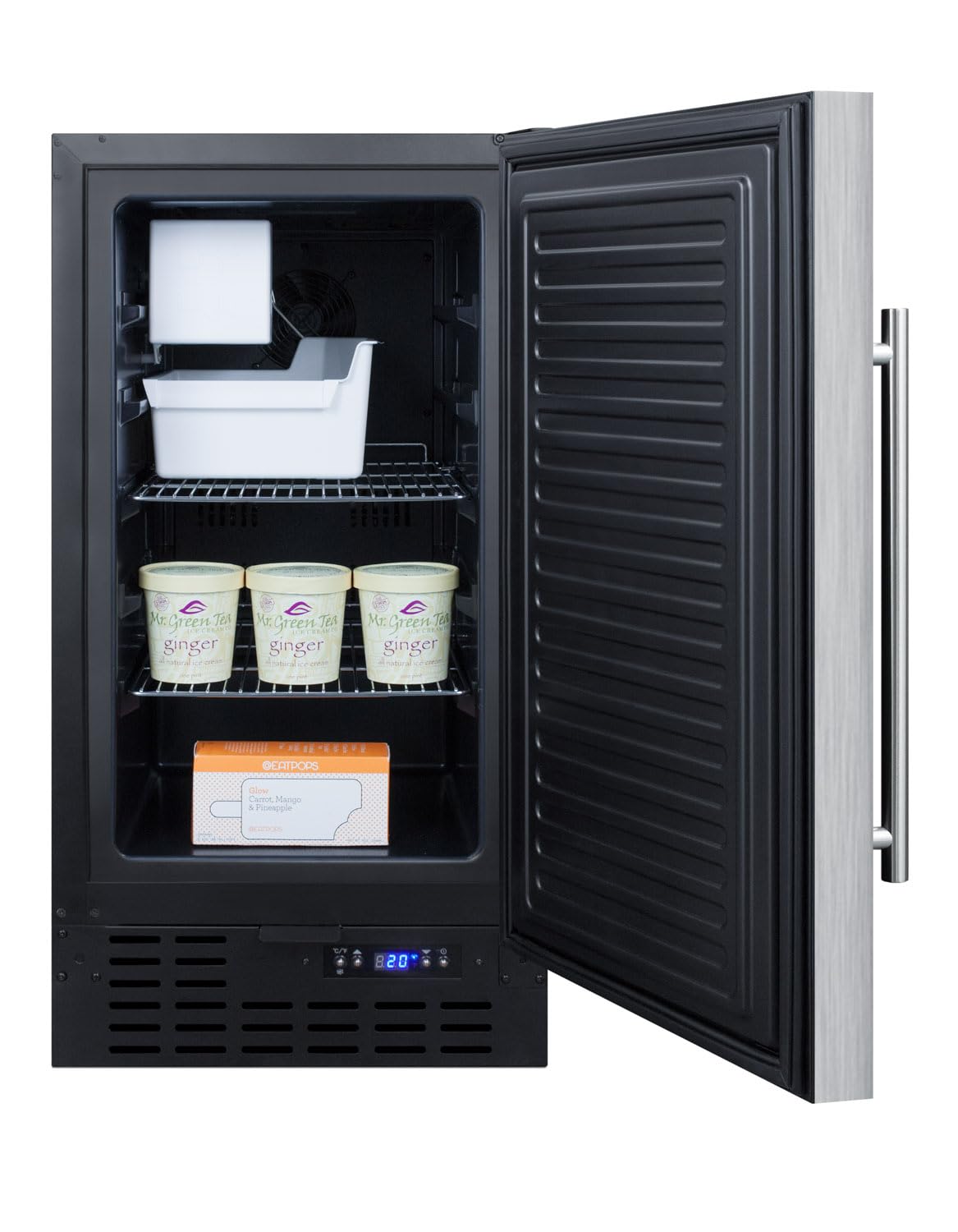 Summit Appliance BIM18SS 18" Wide Frost-Free Icemaker in for Built-in or Freestanding Use with Stainless Steel Door and Black Cabinet, Factory Installed Lock, Digital Thermostat, Digital Display