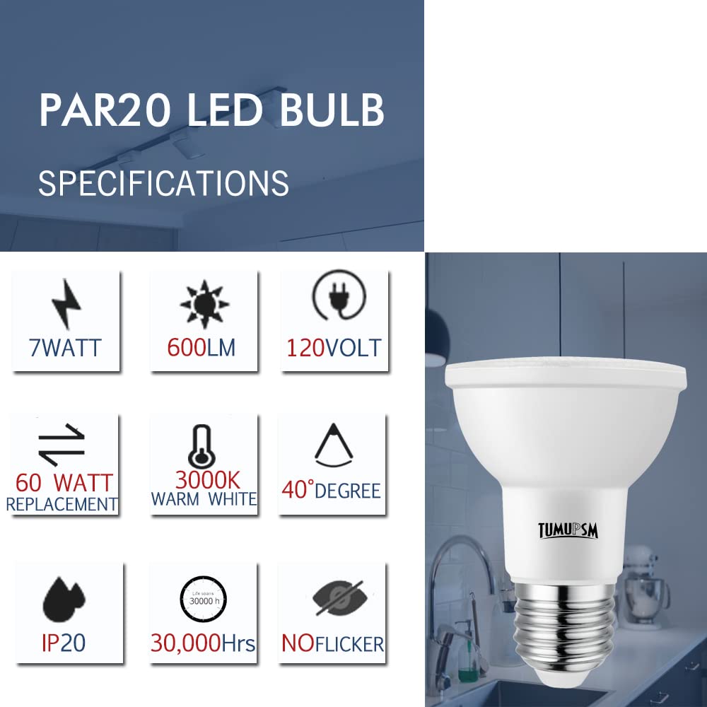 TUMUPSM LED PAR20 Light Bulbs Dimmable 3000K Warm White, 7W 600LM E26 Flood Bulb, 50W 60W Halogen Equivalent, 40 Degree Track Recessed Led Bulb, 4 Pack