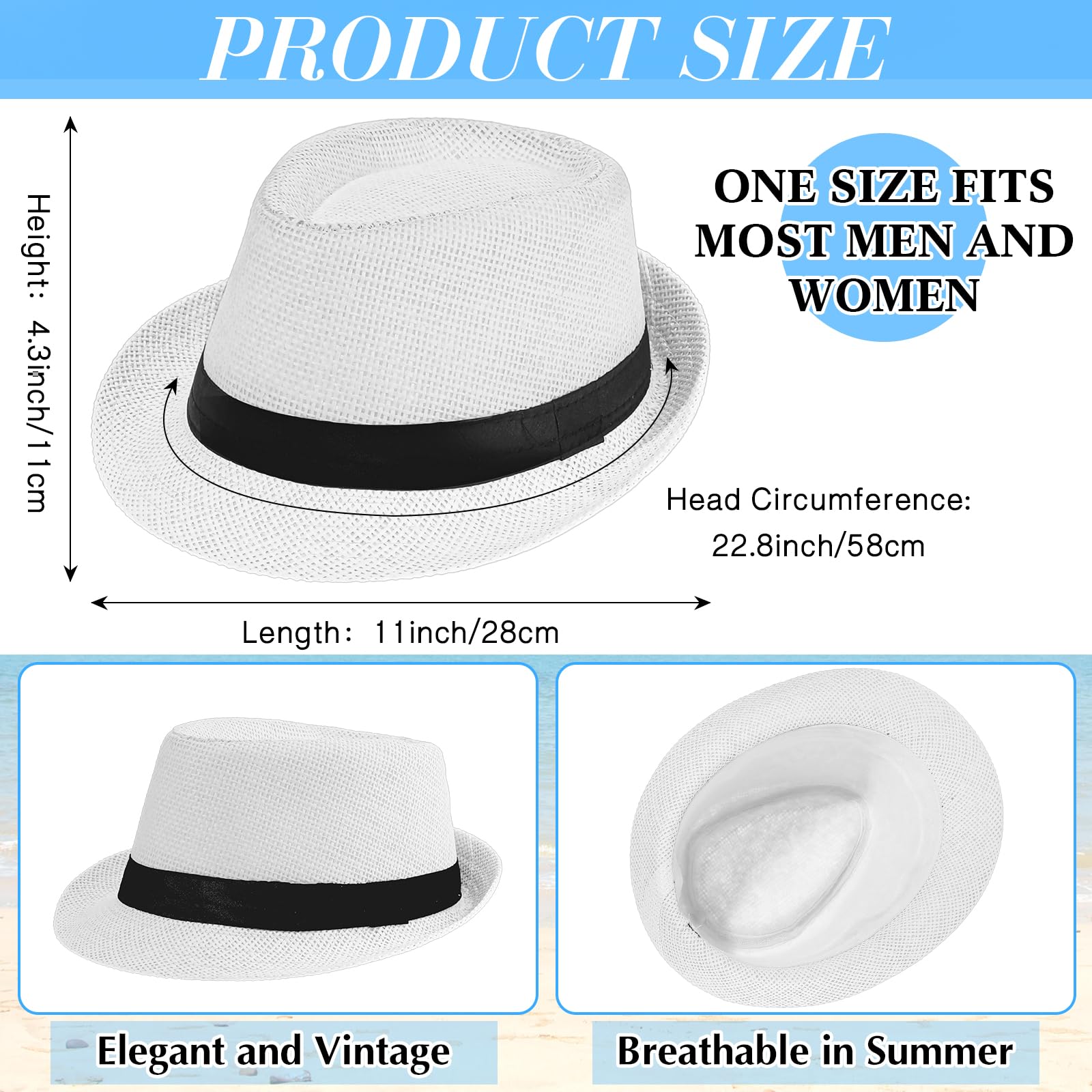 Hicarer Straw Hats Bulk Beach Sun Hats Pork Pie Packable Wide Brim Hat Woven Hat for Men Women Wedding Beach Party(24 Pcs, Milk White)