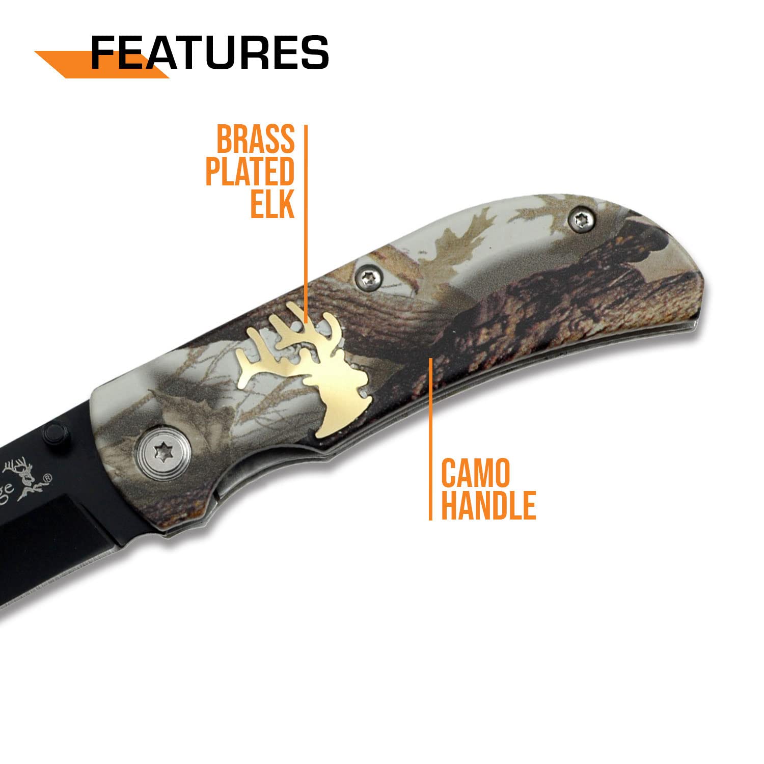 Elk Ridge - Outdoors Folding Knife - 3.5-in Closed, 2.5-in Black Stainless Steel Blade, Camo Coated Handle with Brass Plated Elk Overlay, Pocket Clip - Hunting, Camping, Survival - ER-118CA