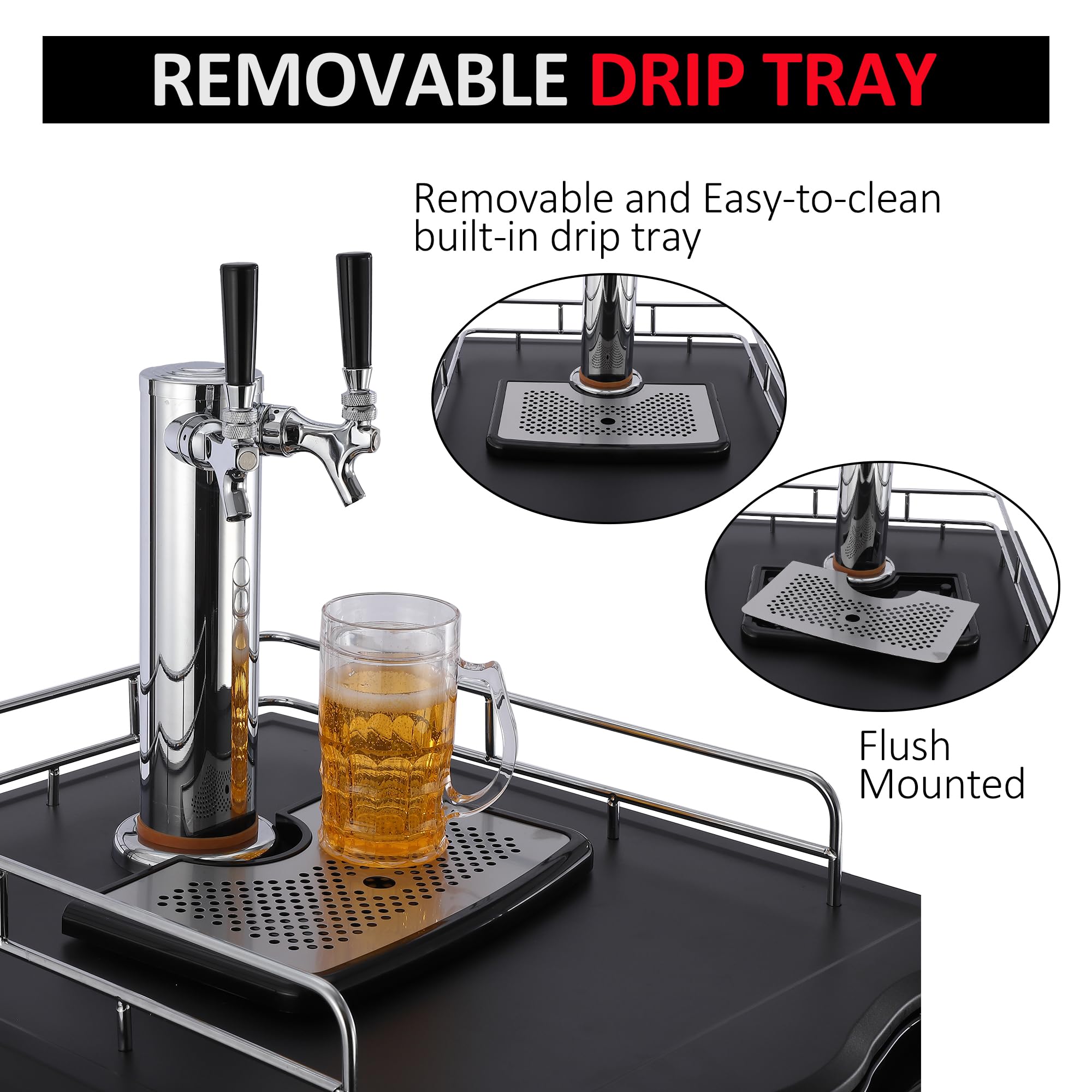 PioneerWorks Beer Kegerator, Single Tap Draft Beer Dispenser, Full Size Stainless Steel Keg Refrigerator With Drip Tray, CO2 Cylinder, 32°F- 50°F Temperature Control, 128L