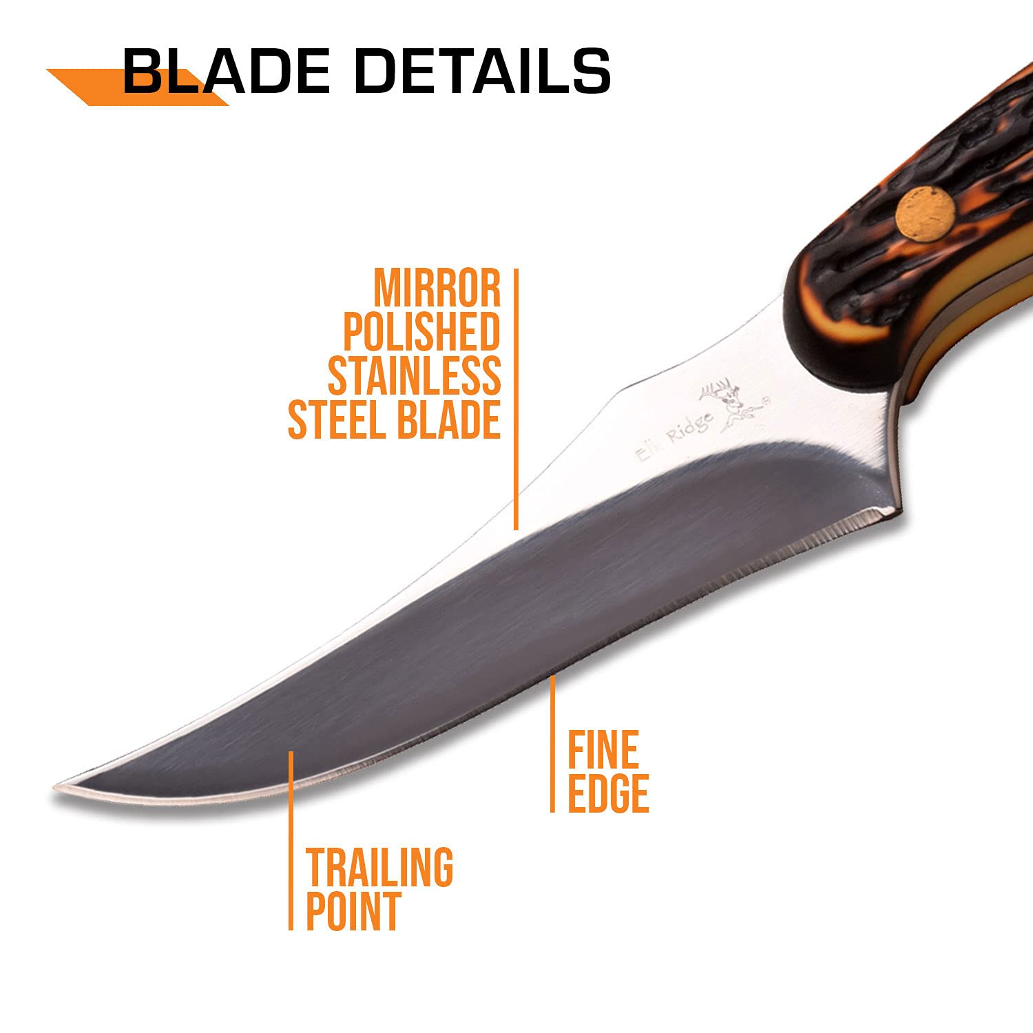 Elk Ridge - Outdoors Fixed Blade Knife - 7-in Overall, 3-in Black Stainless Steel Blade, Simulated Bone Handle, Nylon Sheath - hunting, Camping, Survival - ER-299I