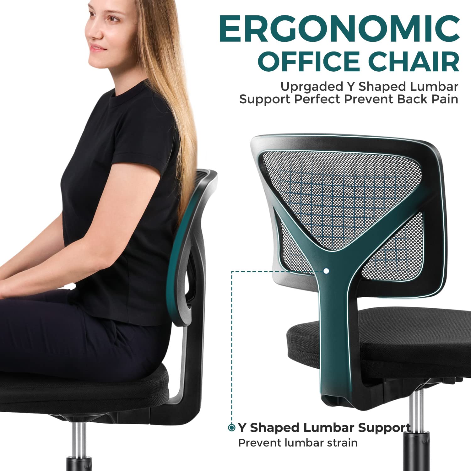 DUMOS Armless Desk Wheels Cute Home Office Arms, Ergonomic Adjustable Swivel Rolling Task, Comfy Mesh Mid Back Computer Work Vanity Chair for Small Spaces, Classic Black