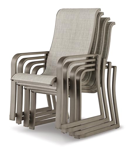 Signature Design by Ashley Beach Front Casual Outdoor Stackable Faux Leather Sling Arm Chair, Set of 4, Light Brown