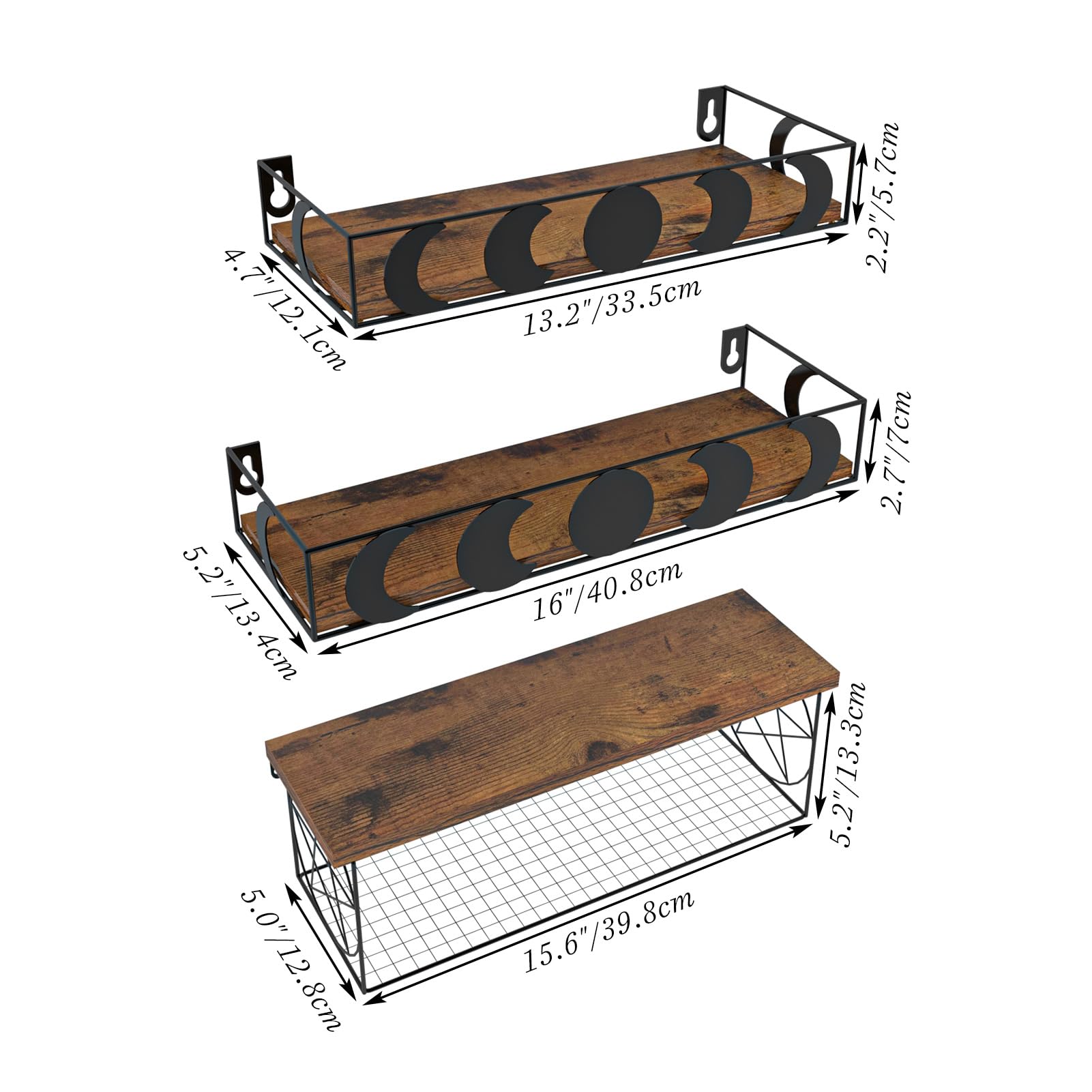 PHAREGE Moon Phase Bathroom Shelves Over Toilet Brown, Decorative Floating Shelves for Wall Set of 3, Toilet Paper Towel Storage Shelves
