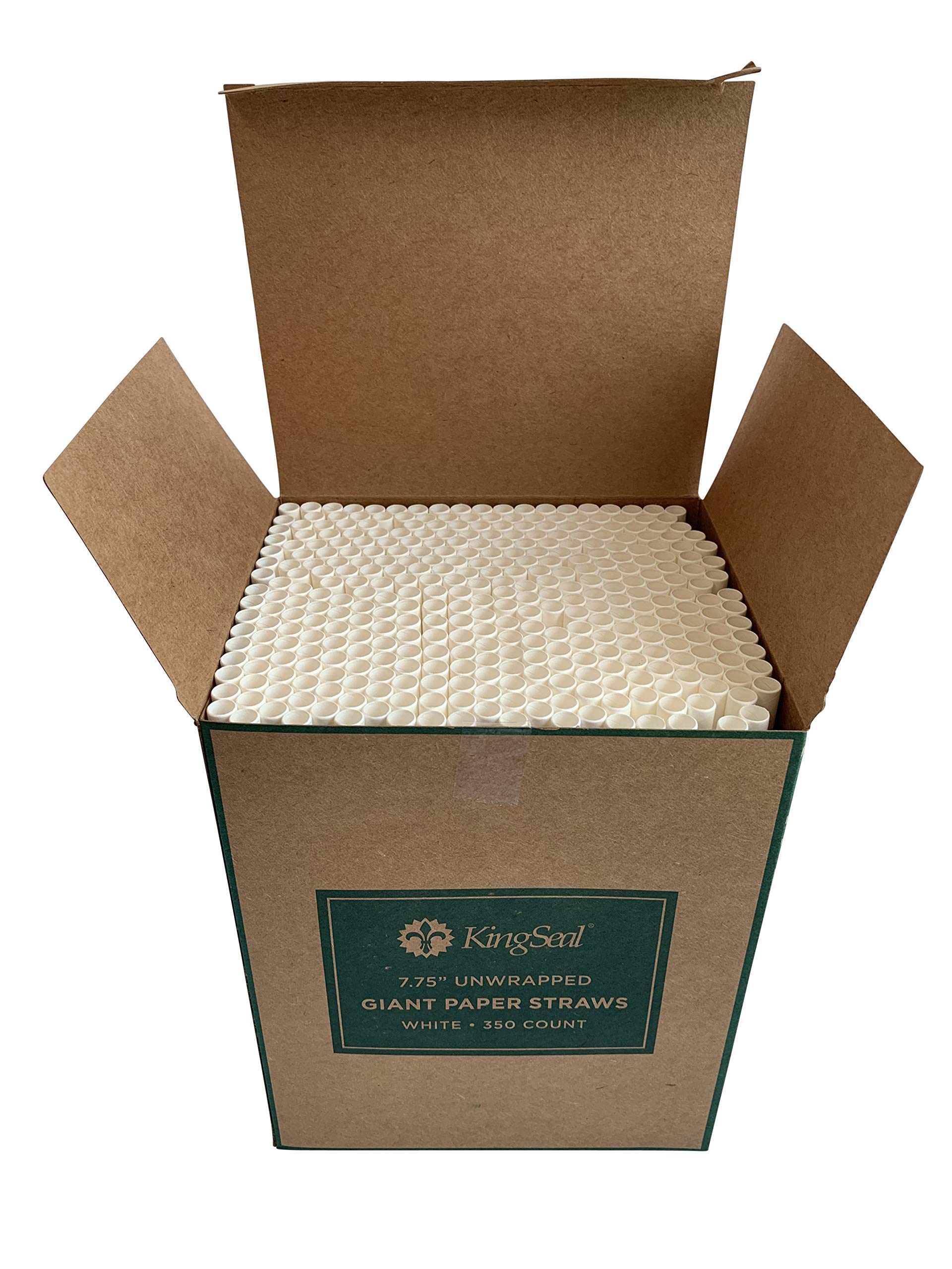 Kingseal Disposable Paper Drinking Straws, Unwrapped, WHITE, 7.75 Inch Length x 8mm Diameter, Giant" Size, White, Biodegradable, Earth Friendly, Bulk Pack - 1 Box of 350 Straws