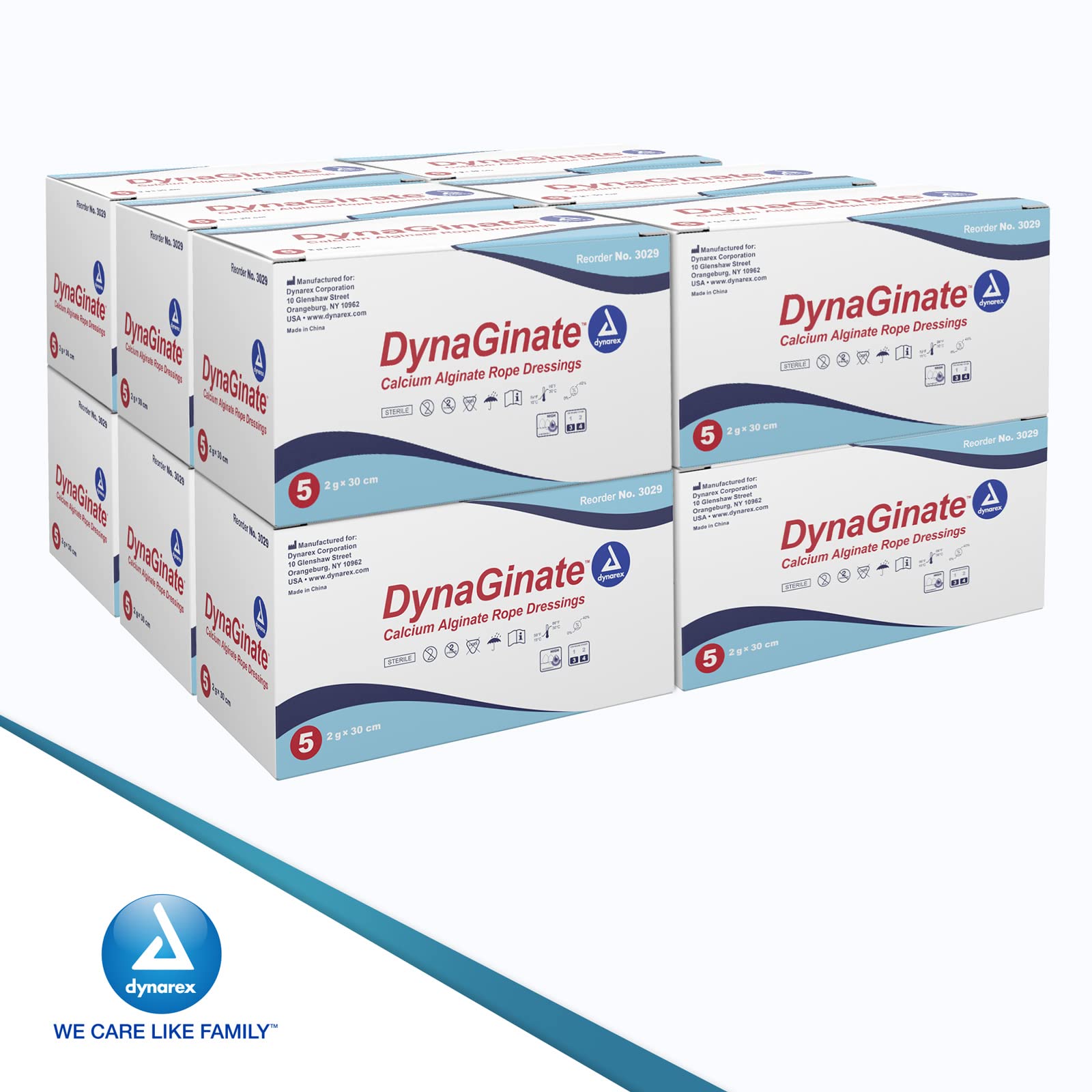 Dynarex DynaGinate Calcium Alginate Wound Dressing - Sterile, Non-Stick Topical Wound Pads - Absorbent Gel Patches for Moderate to High Exuding Cuts - 2g x 30cm, 12 Boxes of 5