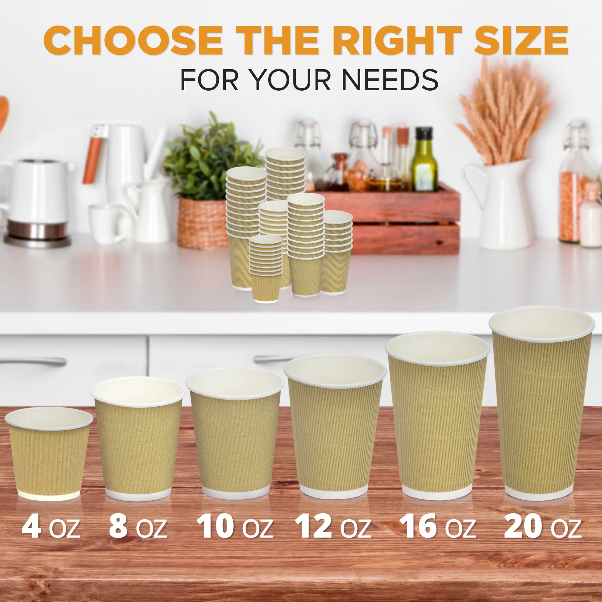 Fit Meal Prep [50 Pack Disposable Hot Cups - 8oz Brown Double Wall Insulated Ripple Sleeves To Go Coffee Cups - Kraft Hot Beverage for Chocolate, Tea, and Cocoa Drinks - Sturdy, and Eco Friendly