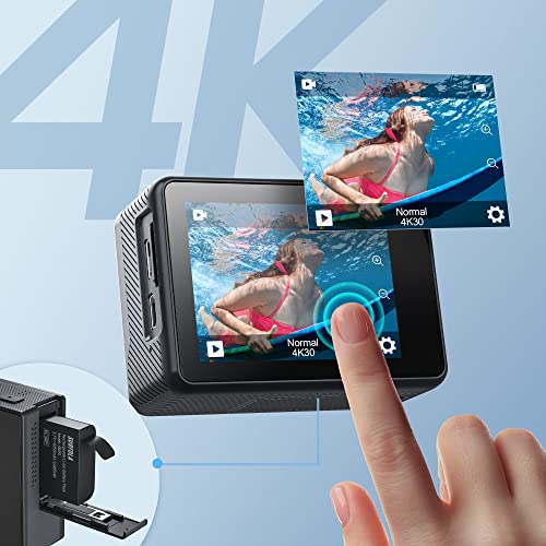 Waterproof Action Camera 4K-Ultra HD 60FPS 24MP 40M Underwater Helmet Vlog WiFi Camera,8X Zoom Touch Dual Screen EIS Stabilization Cam/Wireless Mic/Remote Control/Battery*2/Charger/Accessories Kit