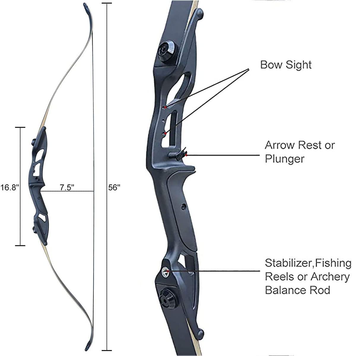 GOLRESOL 56" Archery Bow and Arrows for Adults Takedown Recurve Bow Right Hand Metal Riser with Arrows Quiver for Target Shooting Practice (50Lb)
