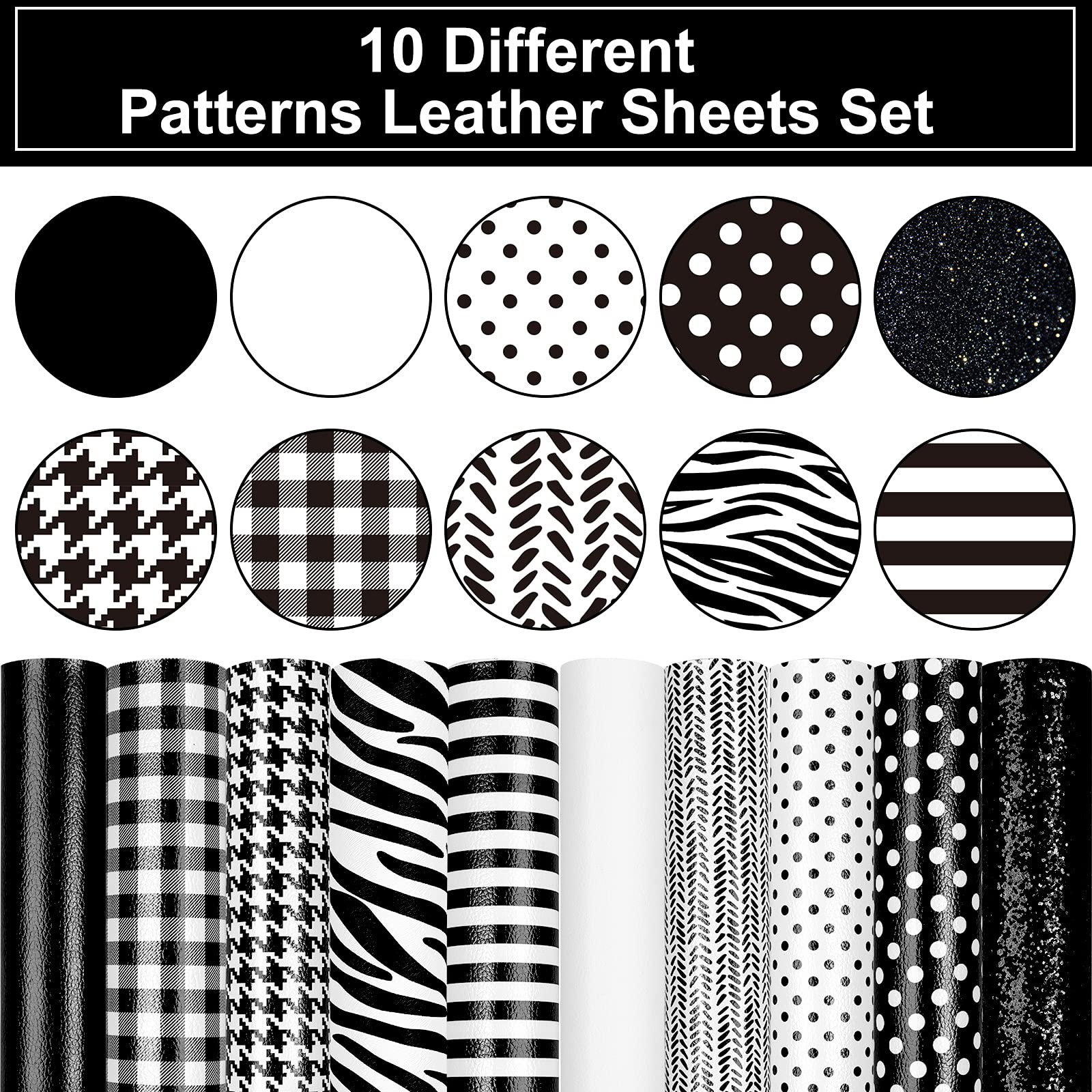 Whaline 10Pcs Faux Leather Sheet White & Black Synthetic Leather Fabric 8 x 12 Inch Pattern Stripe Plaid Glitter Faux Craft Leather for DIY Earring Hair Bow Making