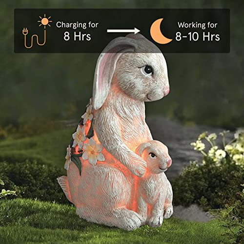 LA JOLIE MUSE Garden Statue Bunny Decor- Mom & Baby Rabbit Figurine with Solar Color Changing LED Lights for Outdoor Indoor, Patio Yard Lawn Ornament, Gifts for Mom