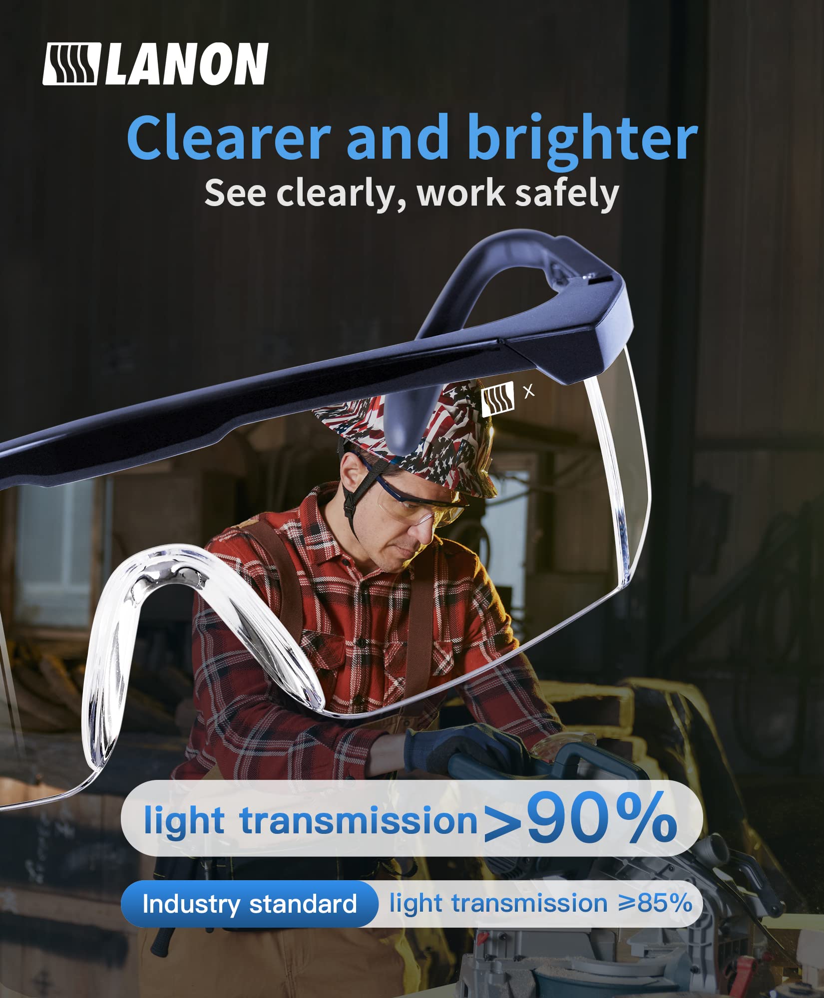 LANON 3 Pack Anti-Fog Safety Goggles with Ajustable Temples, 2.5 Times ANSI Z87.1 Double-sided Antifog, Side Protection, High Transmission, Lightweight