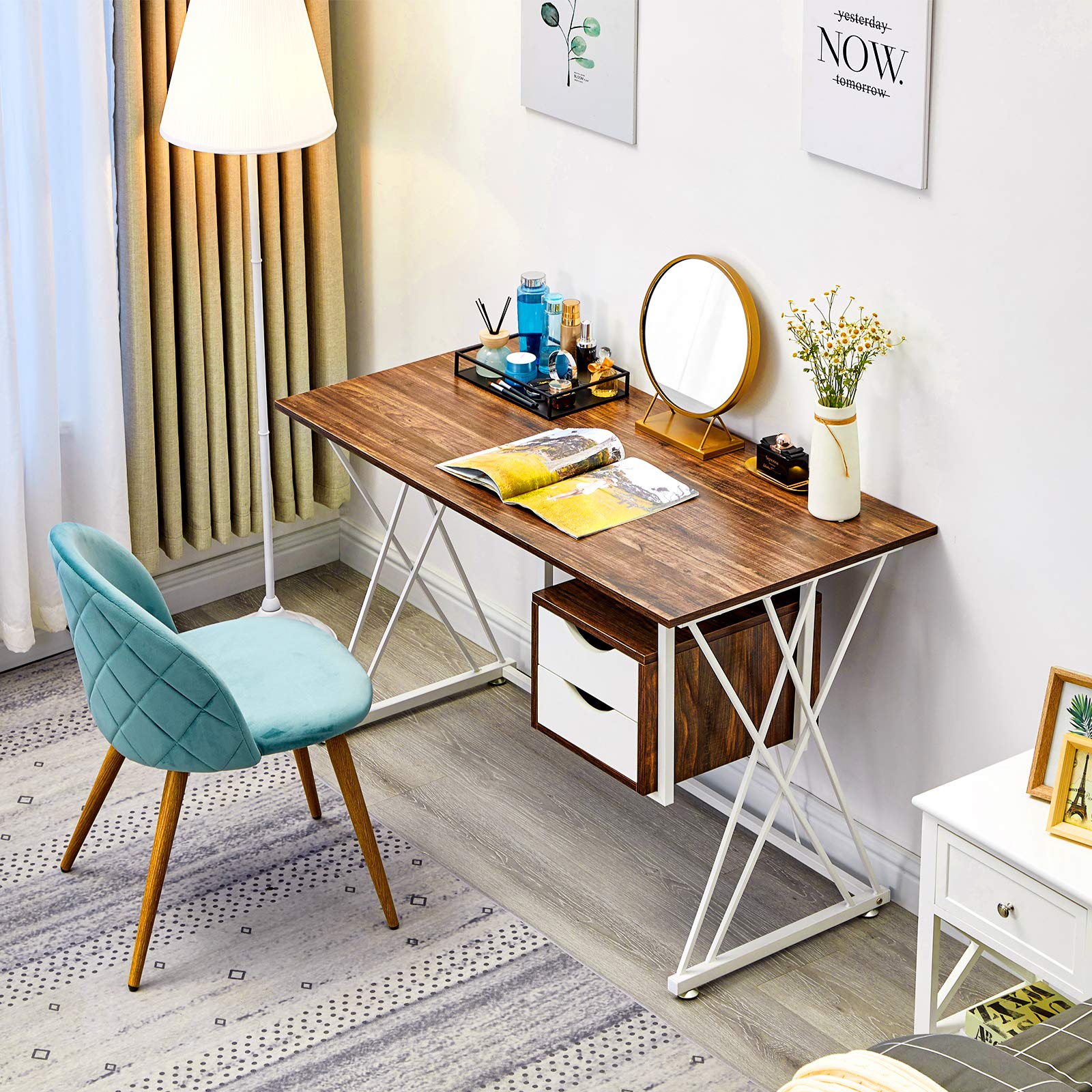 GreenForest Small Computer Office Desk with Drawers 47.2" Home Vanity Table with Double X Legs for Small Space Writing Study Desk Saving Space Pc Workstation Laptop Table, Walnut