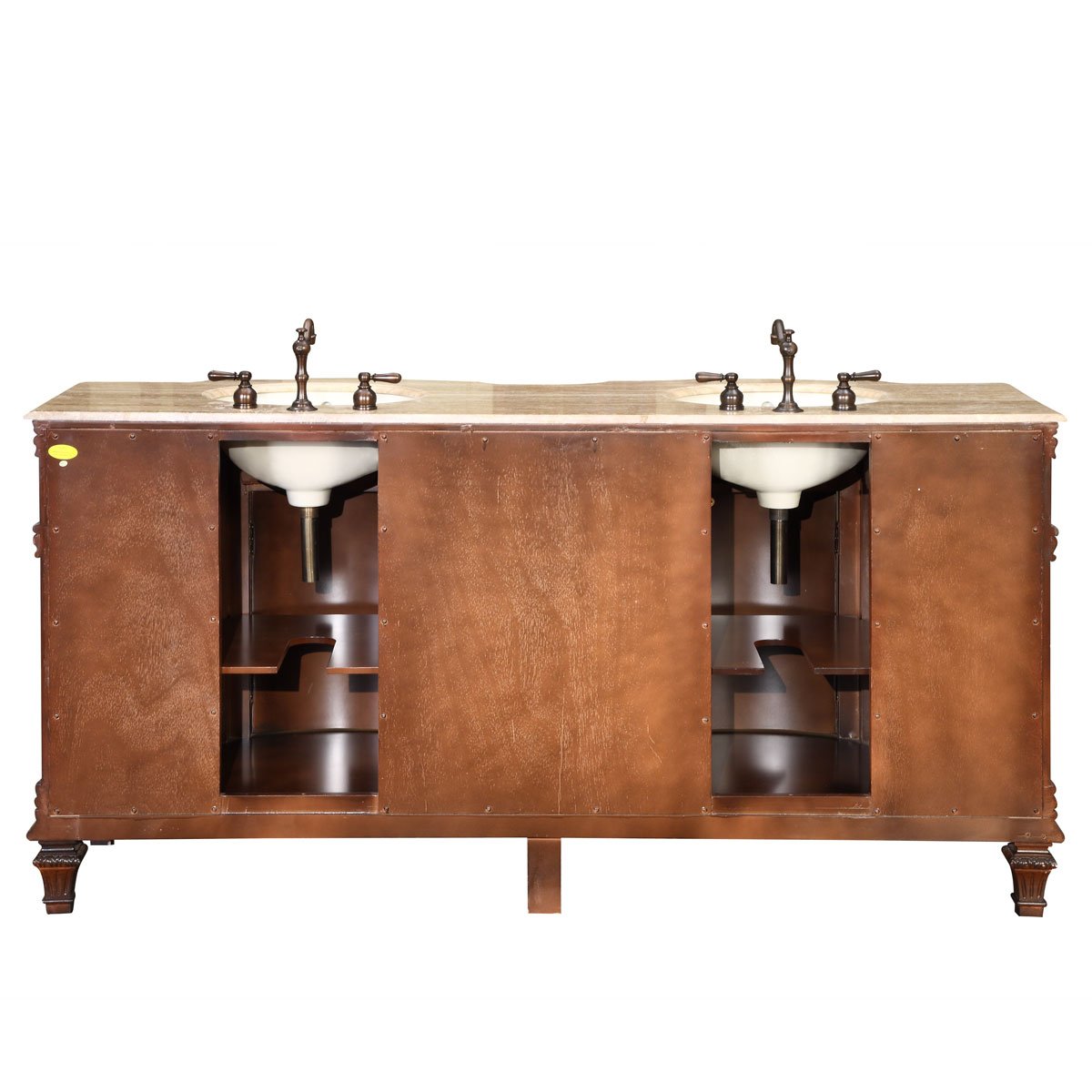 Silkroad Exclusive Travertine Stone Top Double Sink Bathroom Vanity with Furniture Bath Cabinet, 72", Medium Wood