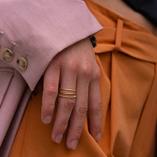 espere 18K Gold Plated Sterling Silver Stacking Ring Set of 3 | Thin Beaded Ring Twisted Rope Band Hammered Ring | Minimalist Spacer Rings | Delicate Eternity Gold Band
