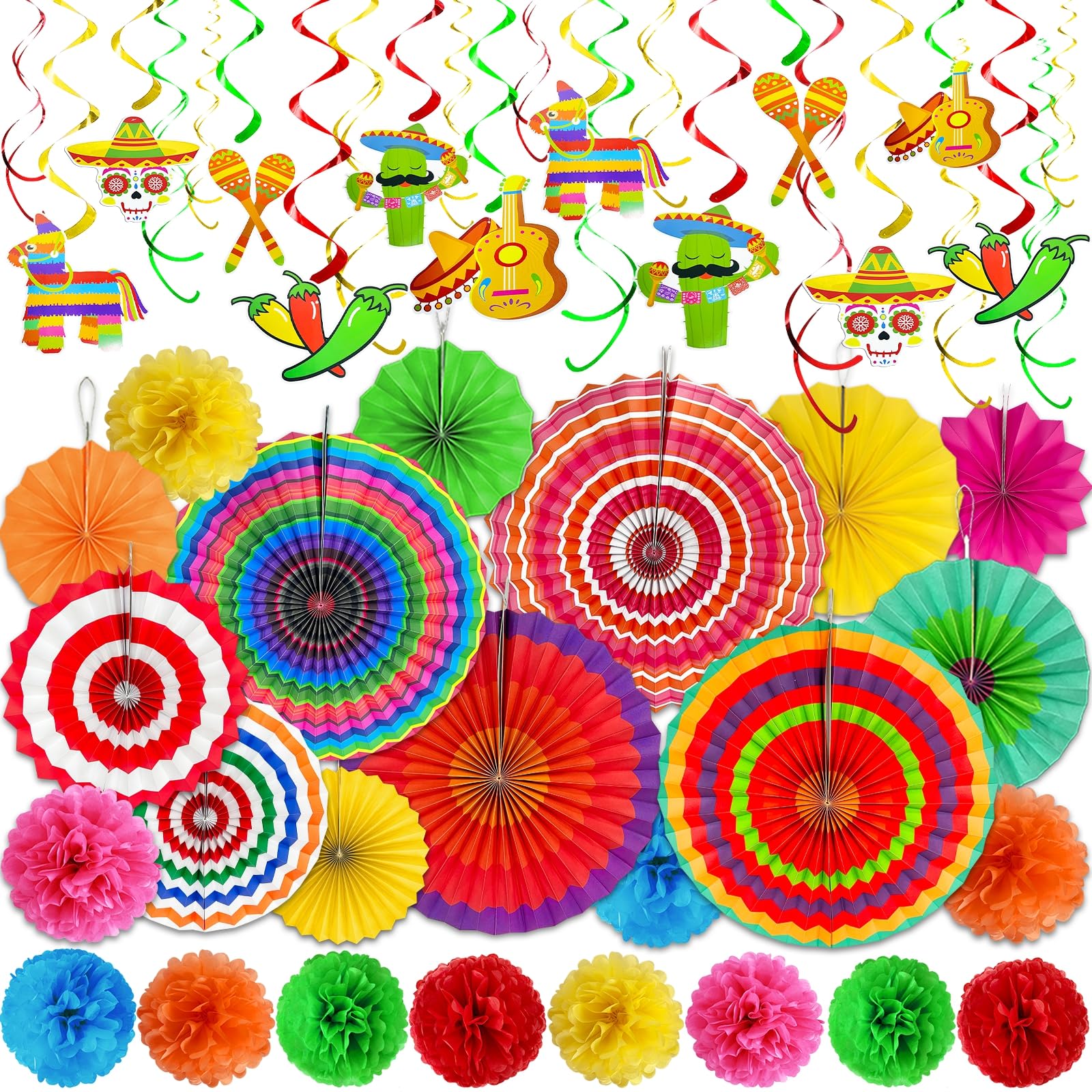 TURNMEON 48PCS Mexican Fiesta Party Decorations, Multicolor Hanging Fiesta Paper Fans Pom Poms Hanging Swirls for Day of the Dead Decorations Día de Muertos Decorations Mexican Taco Tuesday Photo Prop