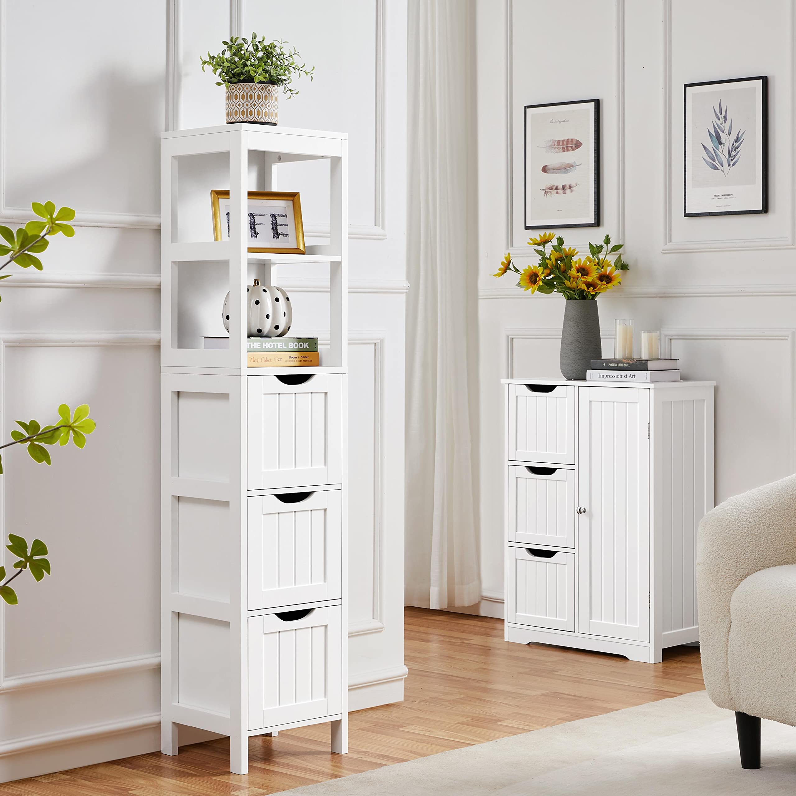 Yaheetech Bathroom Tall Cabinet, Slim Storage Cabinet, Narrow Freestanding Floor Cabinet with 3 Drawers & 2 Shelves, Linen Tower for Small Space, 12" D x 12" W x 56" H, White