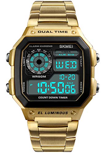 PASOY Men's Digital Multi-Function Watches Dual Time Alarm Stopwatch Countdown Backlight Waterproof Watch (Gold)