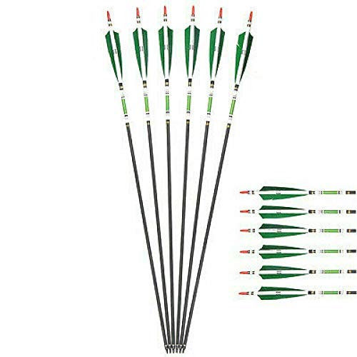 EROCK 12Pcs Carbon Archery Arrows 31inch with Green Turkey Real Feather Fletching Arrow for Recurve Compound Bows Hunting Target Practice, Spine 500, 7.6mm, Replaceable Arrowhead