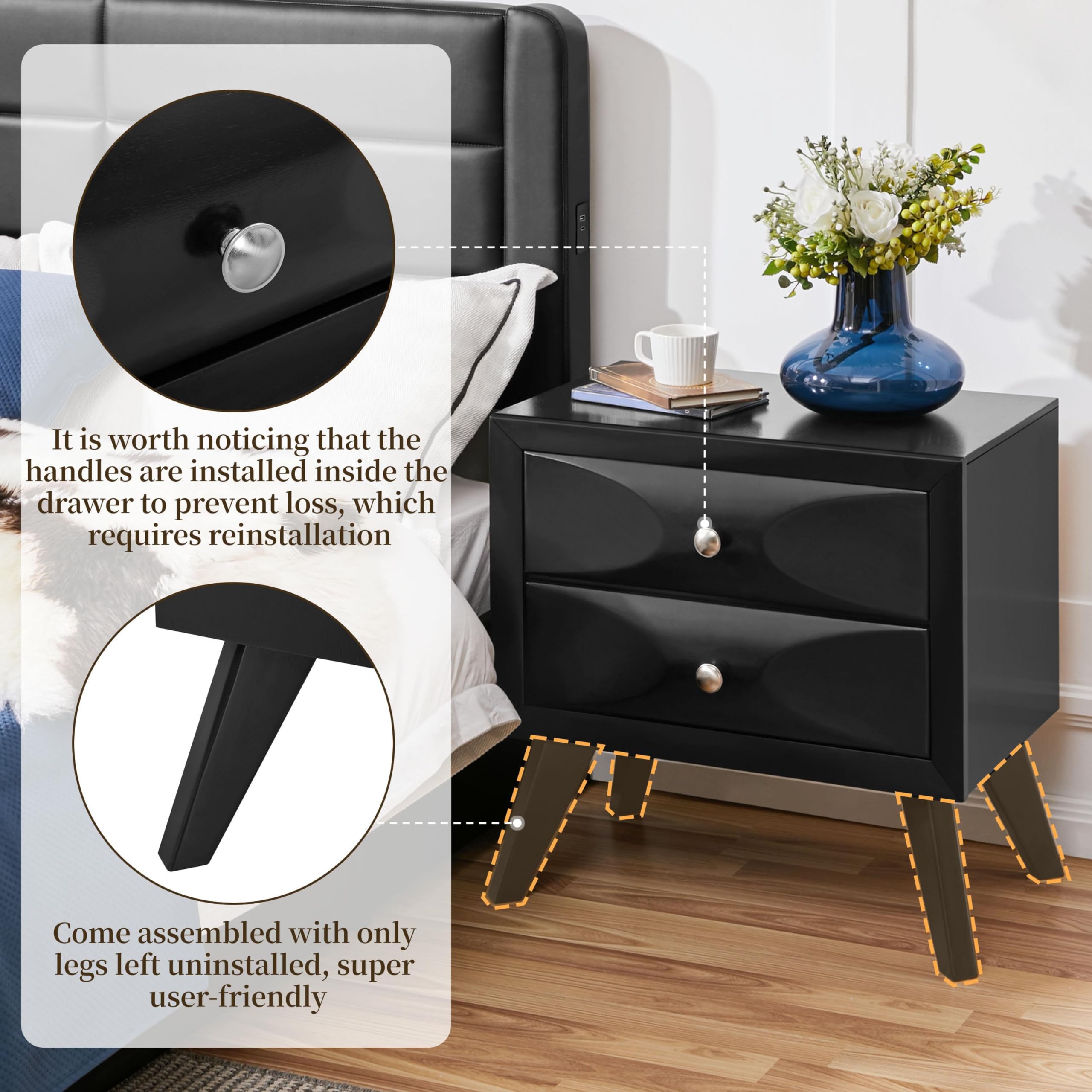 Yaheetech Nightstands Set of 2, Almost Fully-Assembled Nightstands with 2 Drawers and Solid Wood Legs, Large Bedside Tables with Storage, Modern Side Tables for Bedroom, 24.5″L×15″W×23.5″H, Black