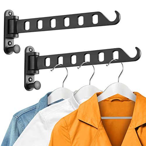 SKIKEN Wall Mounted Clothes Hanger with Swing Arm, Laundry Room Dryer Rack, Folding Valet Hook, Sturdy Hanging, Foldable 180°Rotation, Solid Aluminum (2-Pack, Black)