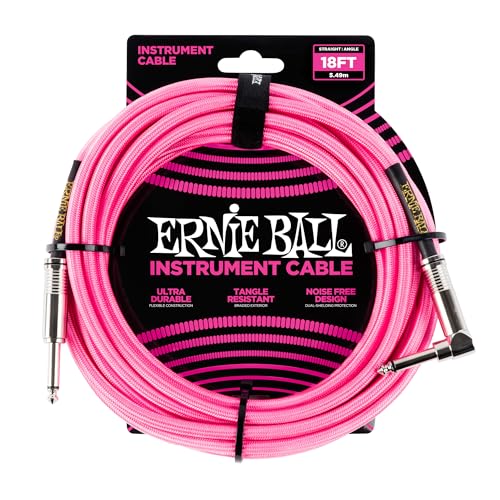 Ernie Ball Braided Instrument Cable, Straight/Angle, 18ft, Neon Pink (P06083)