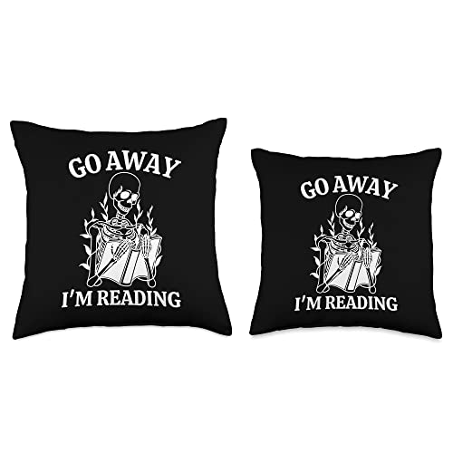 Witch Aesthetic Clothing, Costumes, and Gifts Go Away I'm Reading, Skeleton Book Throw Pillow, 16x16, Multicolor