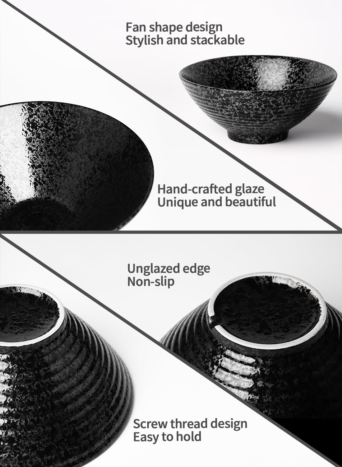 Kanwone Ceramic Japanese Ramen Bowl Set, Noodle Soup Bowls - 60 Ounce, with Matching Spoons and Chopsticks for Udon Soba Pho Asian Noodles, Set of 2, Black