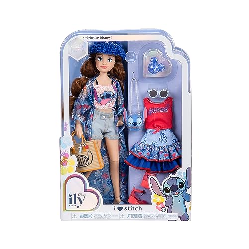 Disney ily 4EVER Dolls Disney 100 - Stitch 11.5" Tall with 13 Points of Articulation, Two Complete Mix-and-Match Outfits and Glittery Mickey Ring for You!