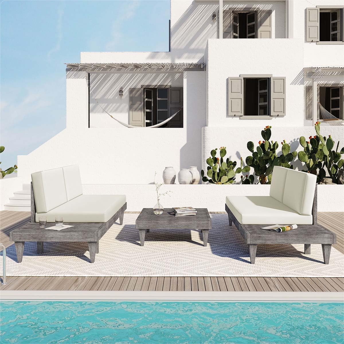 FOURBF 3-Piece Outdoor Patio Furniture Set Solid Wood Sectional Sofa Set with Coffee Table, Patio Conversation Set with Side Table and Cushions, Grey+Beige
