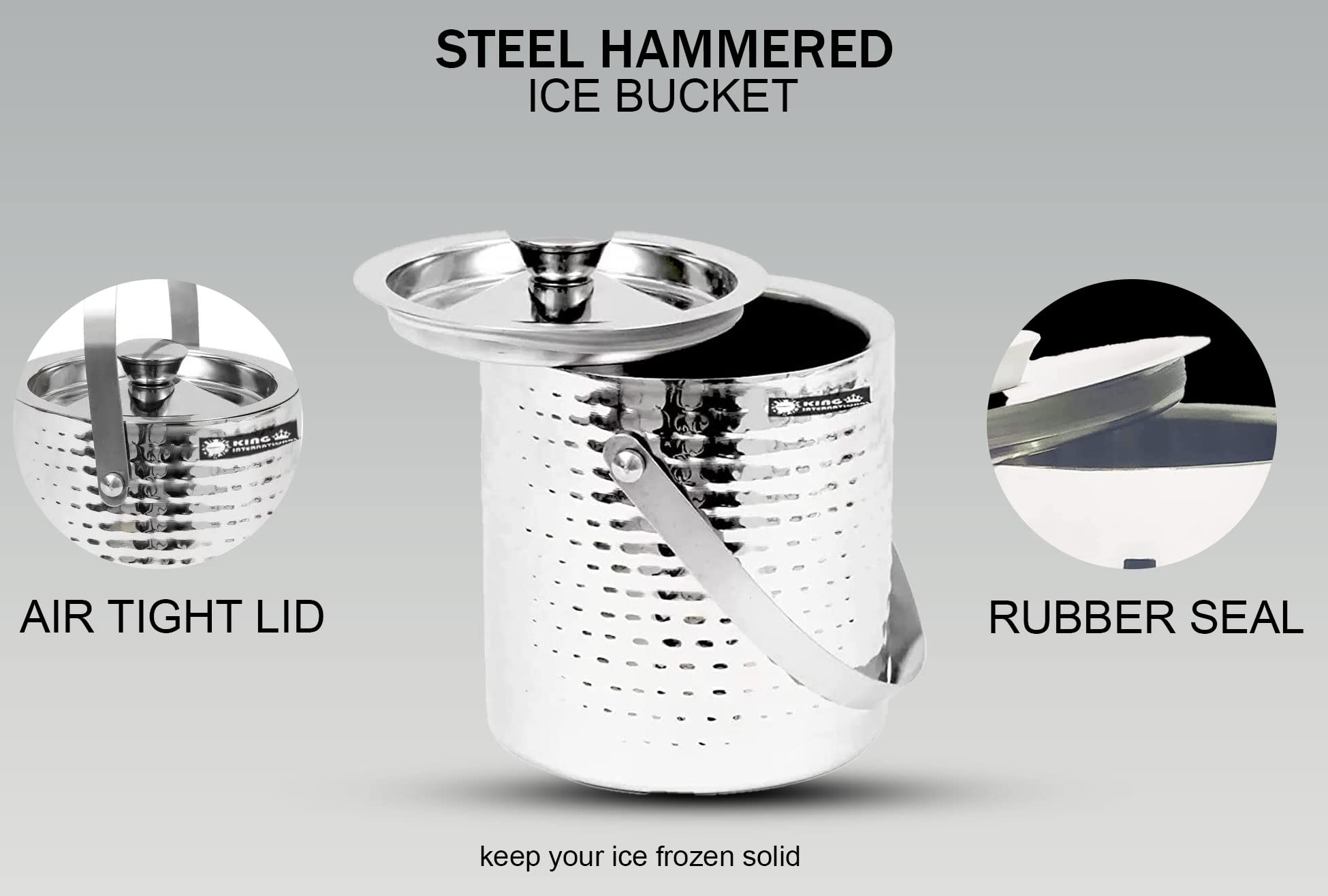 Ice Bucket With Lid, Insulated Hammered Ice Bucket for Cocktail Bar with Ice Tong, Double Walled Stainless Steel, 1.75 L, 1.84 Quarts, Ice Cold For 6 h with Handle (Silver Hammered)
