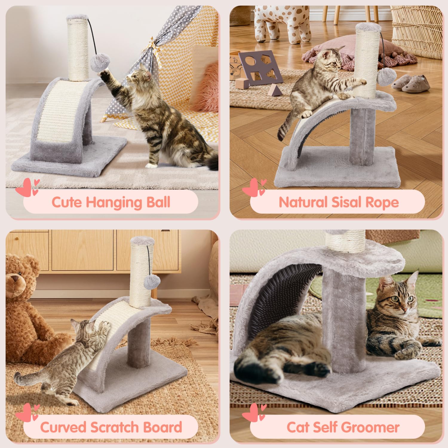 Nobleza Cat Scratching Post for Indoor Cats, Durable Natural Sisal Rope Cat Scratch Post with Cat Self Groomer, Sturdy Cat Scratcher Post for Kittens Small Cats with Funny Hanging Ball, Light Grey