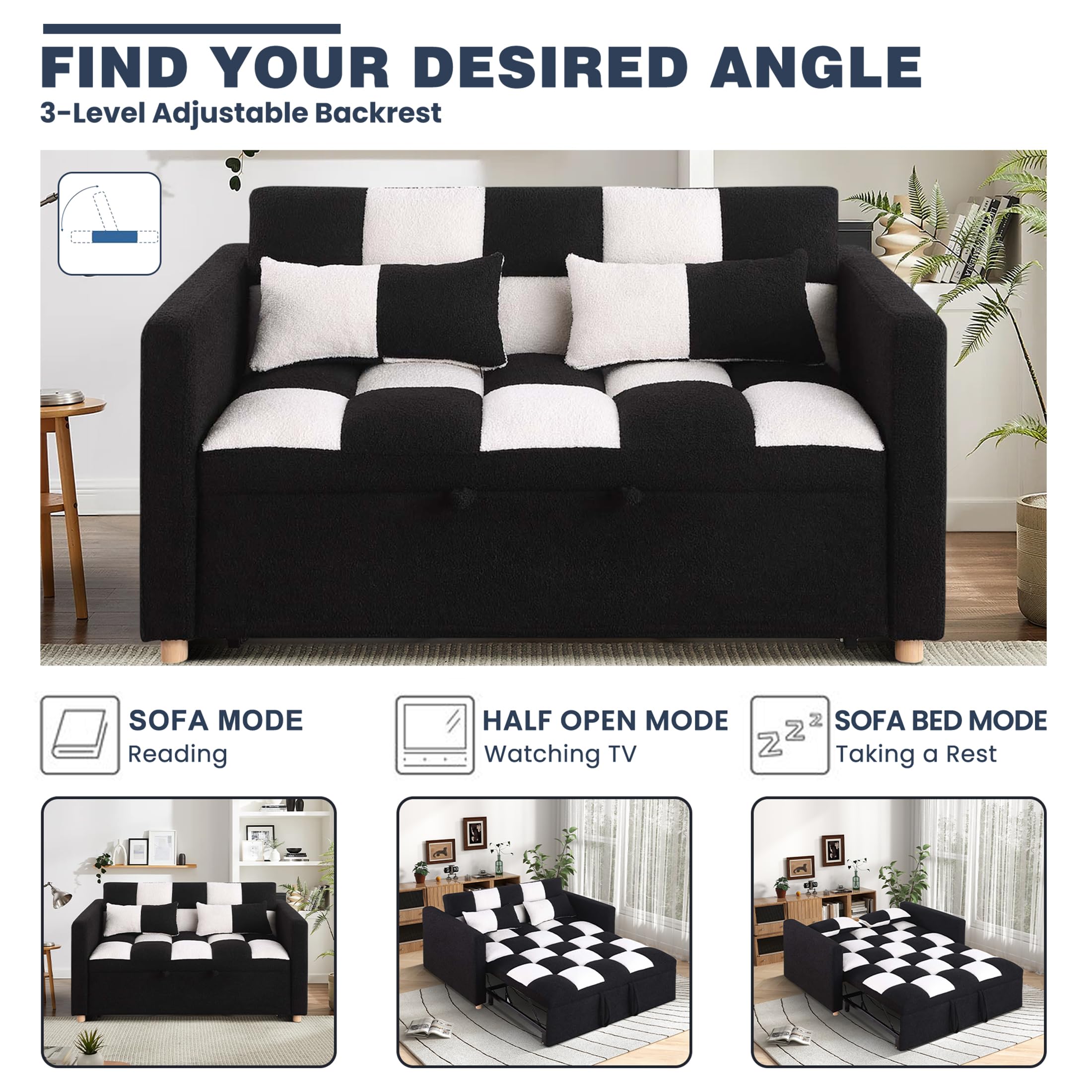 SumKea 52.76'' Convertible Teddy Sleeper Sofa Couch, Modern 3-in-1 Loveseat with Adjustable Backrest, 2 Pillows, Lounge Sofa, Couches for Living Room, Apartment, Black White