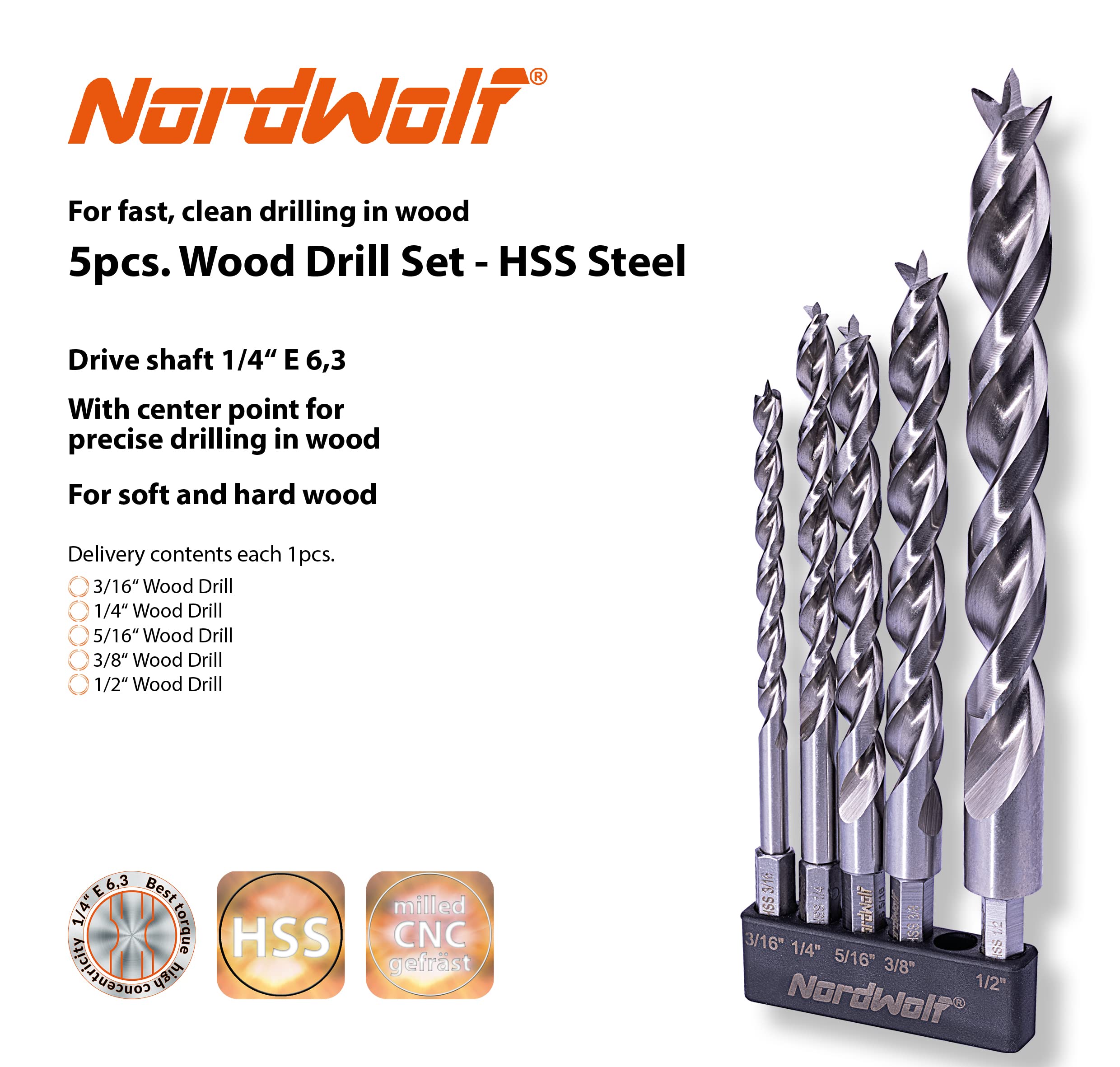 NordWolf 5-Piece HSS Brad Point Wood Drill Bit Set with 1/4" Hex Shank for Carpenter Woodworking, SAE Sizes 3/16"-1/4"-5/16"-3/8"-1/2"