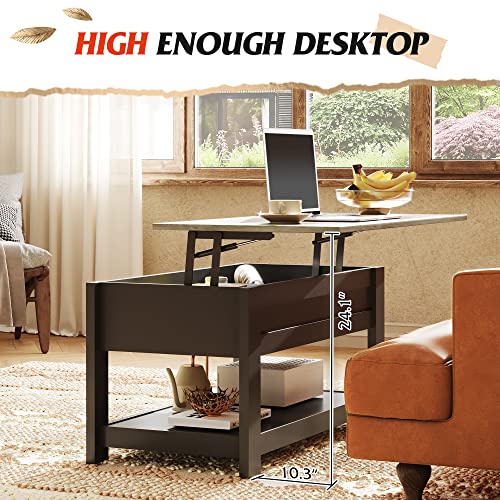 WLIVE Modern Rustic Coffee Table with Storage Shelf and Hidden Compartment,Wood Lift Tabletop for Home Living Room,Black,Greige.