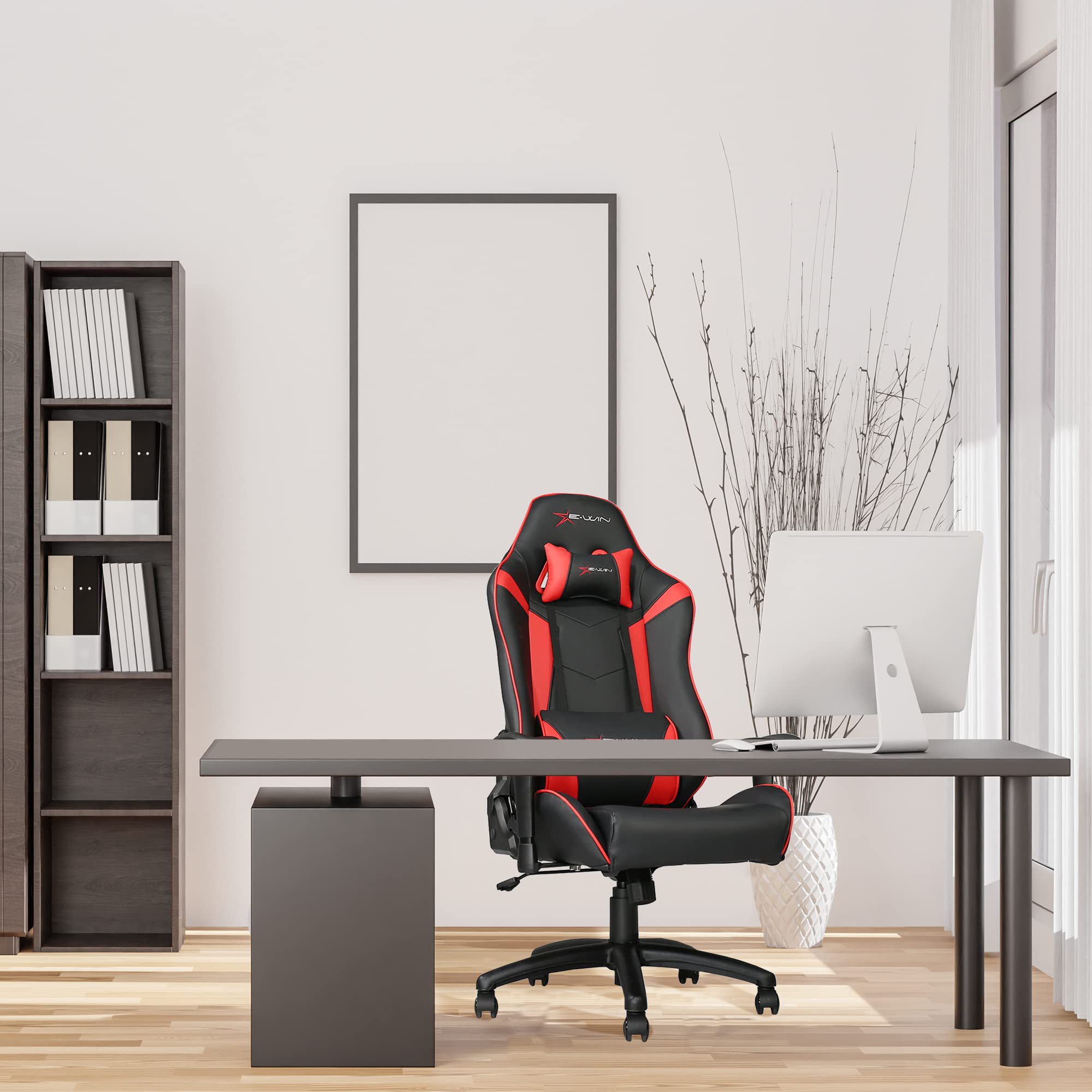 E-Win Knight Series Ergonomic Computer PC Gaming Home Office PVC Leather Tall Back Desk Chair with Pillows, Black and Red