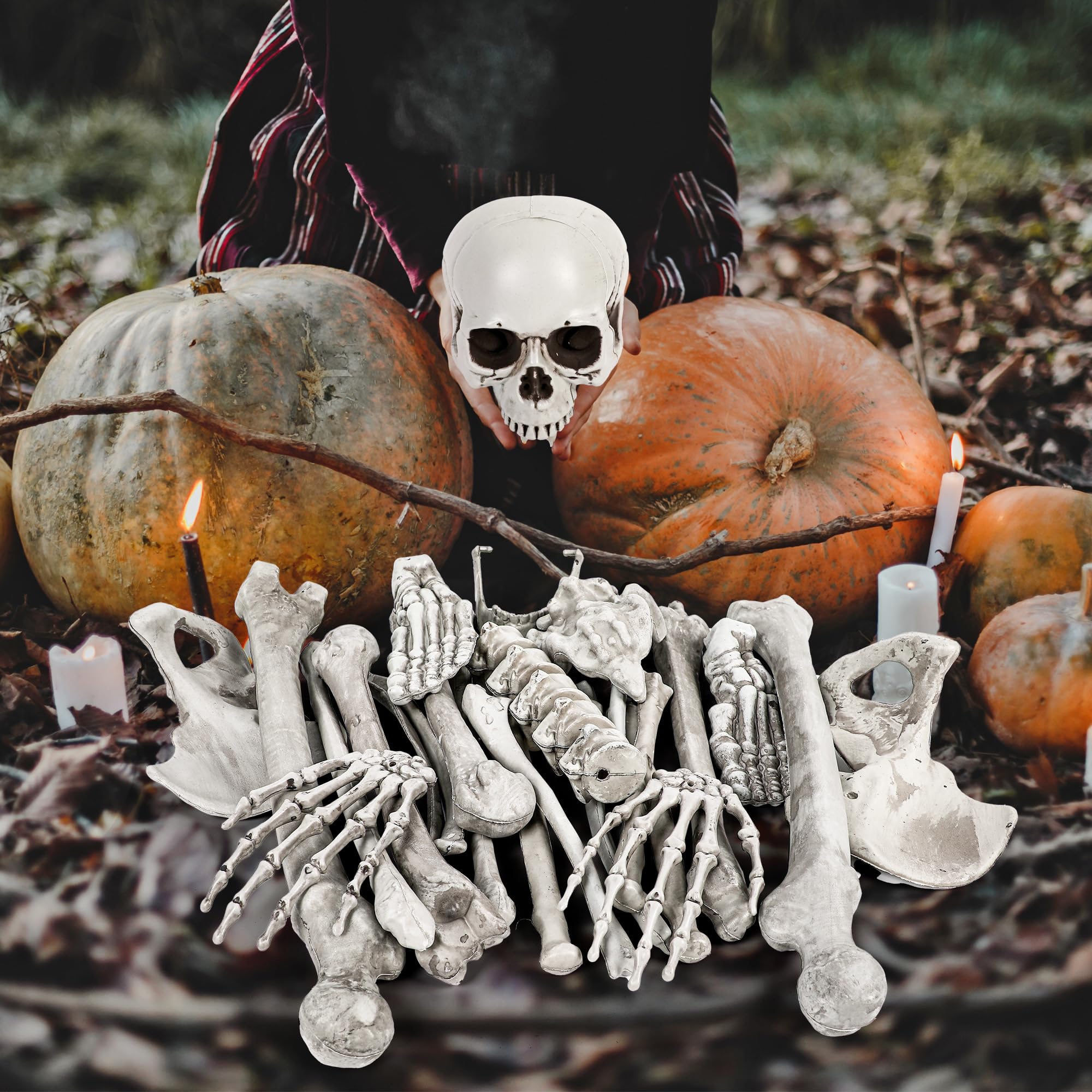 Erweicet Halloween 28 Pieces Plastic Skeleton Bones Realistic Looking Human Skulls for Halloween Party Scary Graveyard Haunted House Lawn Yard Decorations