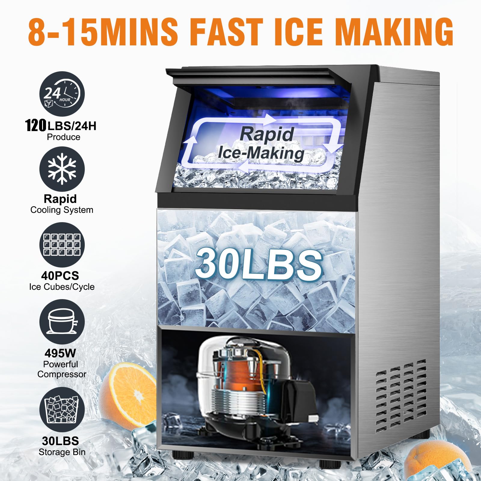 RAPSUAR Commercial Ice Maker Machine, 120Lbs/24H with 30Lbs Storage Bin, 40Pcs Ice Cubes 6Mins, 2-Way Add Water Under Counter Freestanding Ice Maker Commercial for Home Bar Office