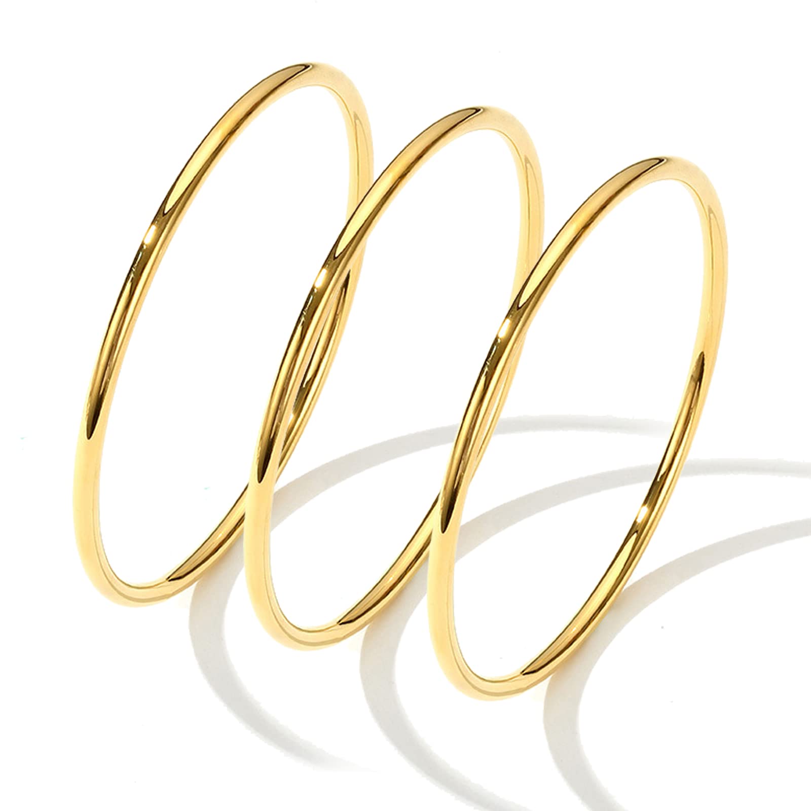 HIIXHC 14K Gold Plated Bangle Bracelet - 3mm Stackable Bangles Bracelet Stainless Steel Thin Round Bracelet Set for Women, Set of 3