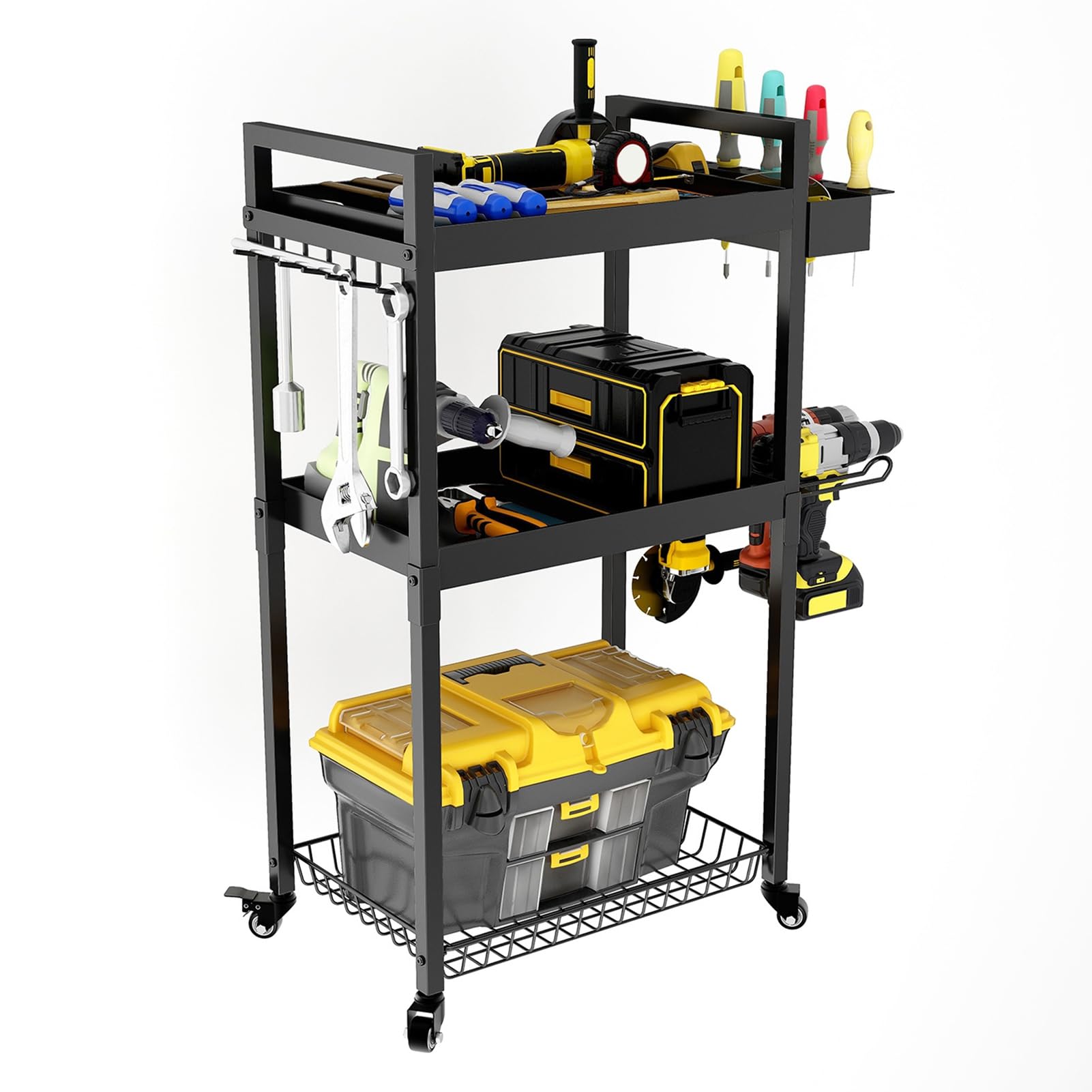 sxvbdway Power Tool Organizer Cart Screwdrivers Wrenches Tool Holder Storage 3-Layer Heavy Duty Power Tool Organizer Shelves Floor Standing Rolling Tool Cart for Workshop,Workbench Black