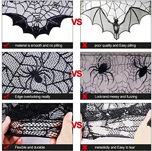 FunisFun Halloween Fall Thanksgiving Lace Fireplace Mantle Scarf Cover, Cloth Runner Door Window Curtain Kitchen Decorations Gothic Festival Party Decor (Bat, Bat, 20*80")