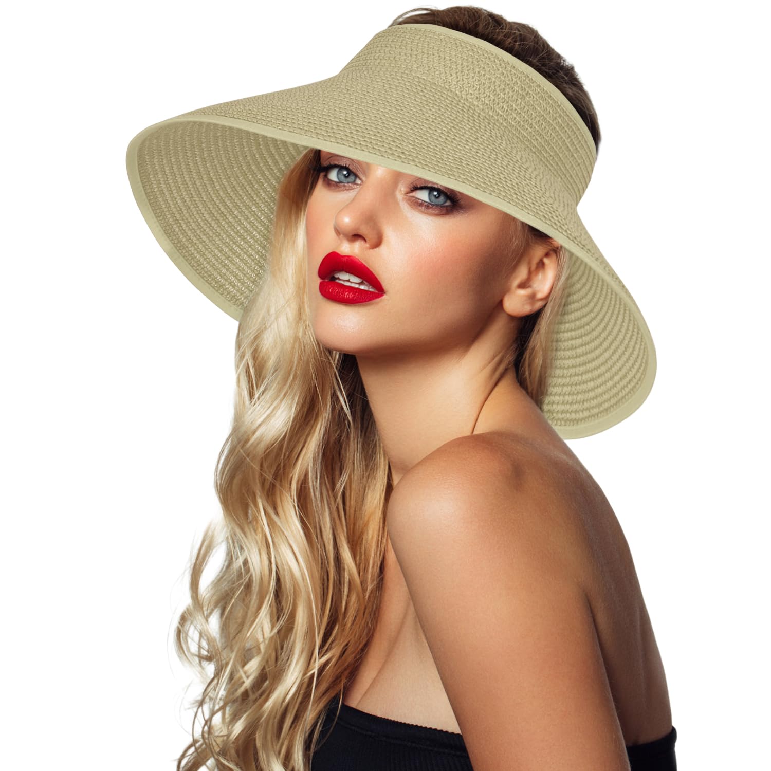 ELEHOLD Womens Beach Sun Straw Hat UV UPF50 Travel Foldable Brim Summer UV Hat, Green