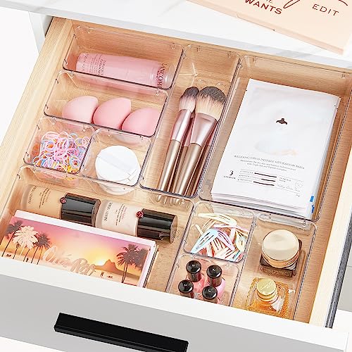 Vtopmart 44 PCS Clear Plastic Drawer Organizers Set, 4-Size Versatile Bathroom and Vanity Drawer Organizer Trays, Non-Slip Storage Containers for Makeup, Jewelries, Bedroom,Kitchen Utensils and Office