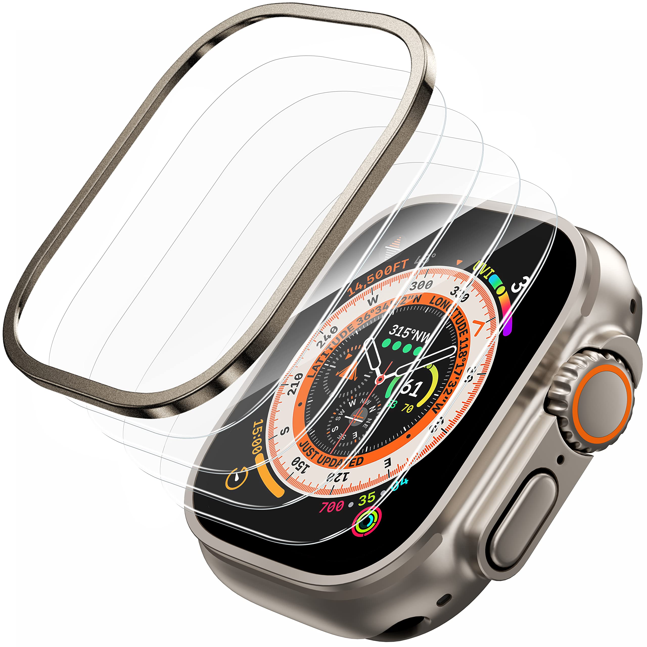 Hoerrye for Apple Watch Ultra 2 / Ultra 1 Screen Protector 49mm,[Titanium Bumper Case] [with Positioning Frame] 4 Pack Tempered Glass Film Full Coverage Protective Face Cover for iwatch Accessories