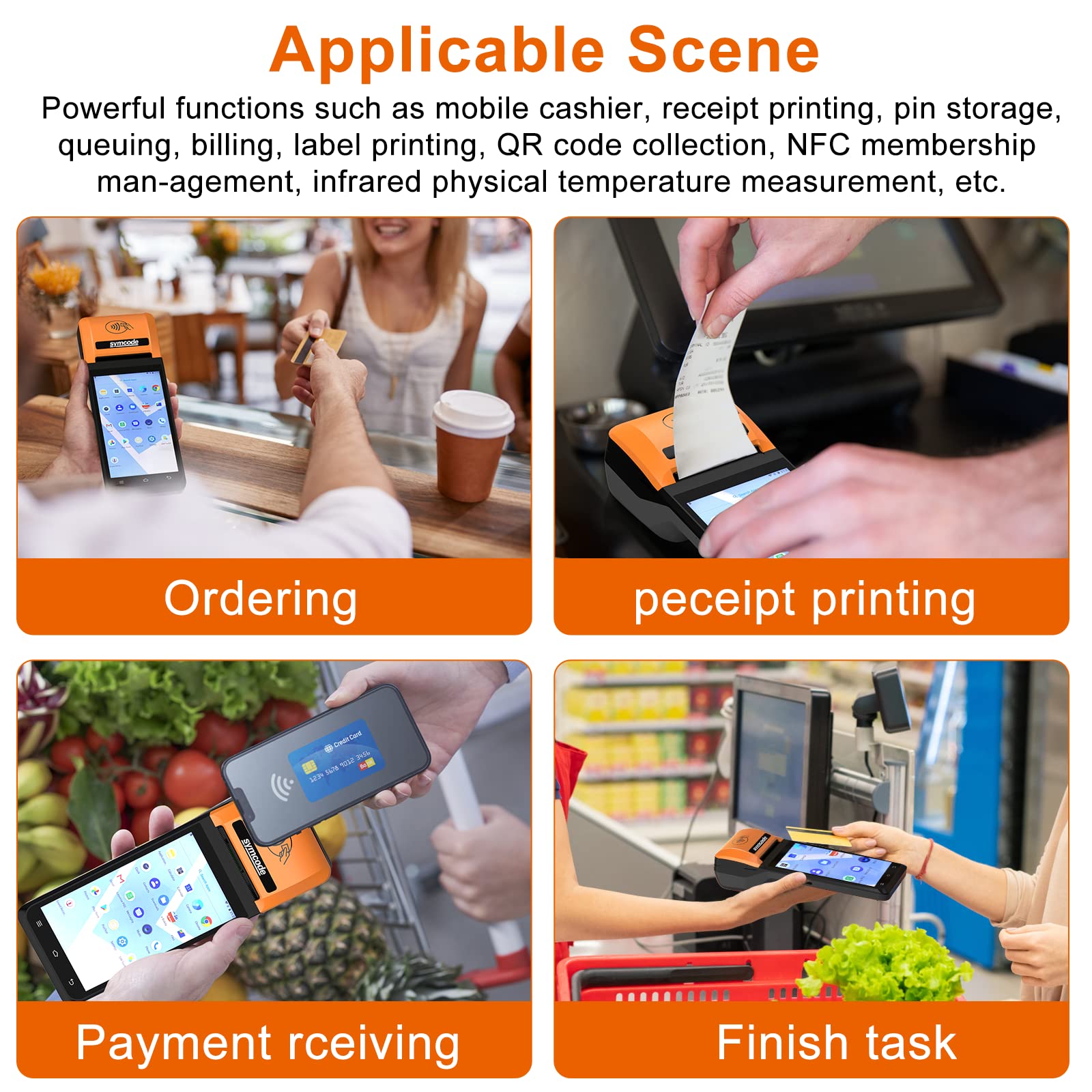 symcode POS PDA Thermal Receipt Printer,1D 2D Barcode Scanner Handheld PDA Printer Mobile POS Machine 5.5" Touch Screen 58mm Thermal Printer Android 8.1 Support 4G WiFi Bluetooth and NFC