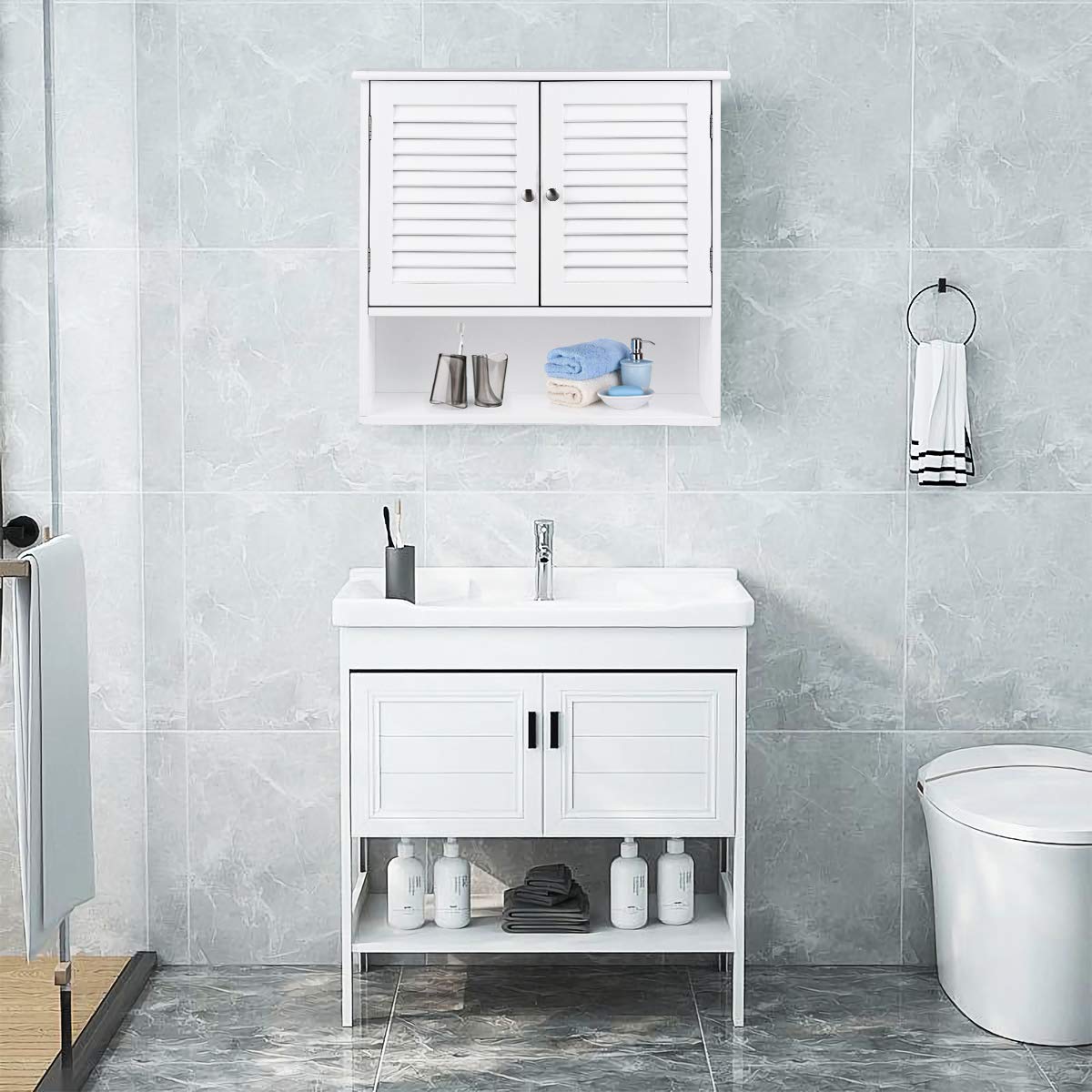 Tangkula Bathroom Wall Cabinet, Wooden Hanging Medicine Cabinet with Double Shutter Doors and Adjustable Shelf, Wall Mounted Bathroom Cabinet with Open Shelf, 26 x 8.5 x 25 Inches, White