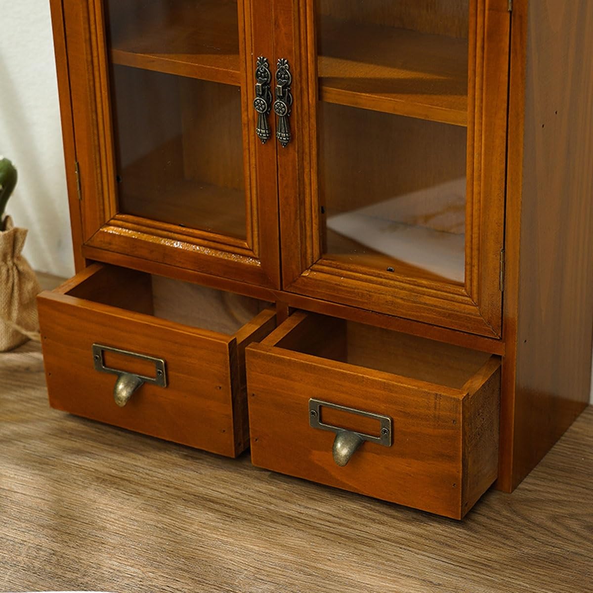 QHYFFS Solid Wood Counter Top Cabinet,Medicine Cabinet,Display Case with Glass Door,Kitchen Cabinets with Drawers,Desktop Cosmetic Storage Box Spice Cabinet,Apothecary Cabinet(Natural)